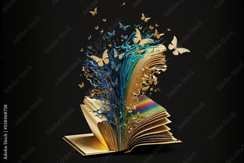 An Open Book With Butterflies Flying Out Of It On A Black Background