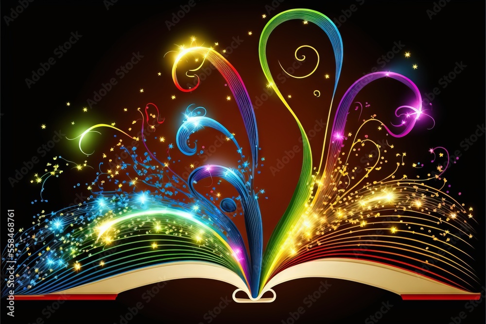 an open book with colorful swirls and stars coming out of the book's ...