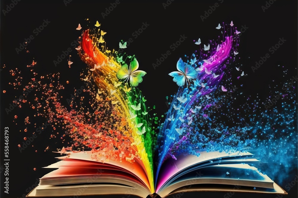 an open book with butterflies flying out of the pages and a rainbow of ...