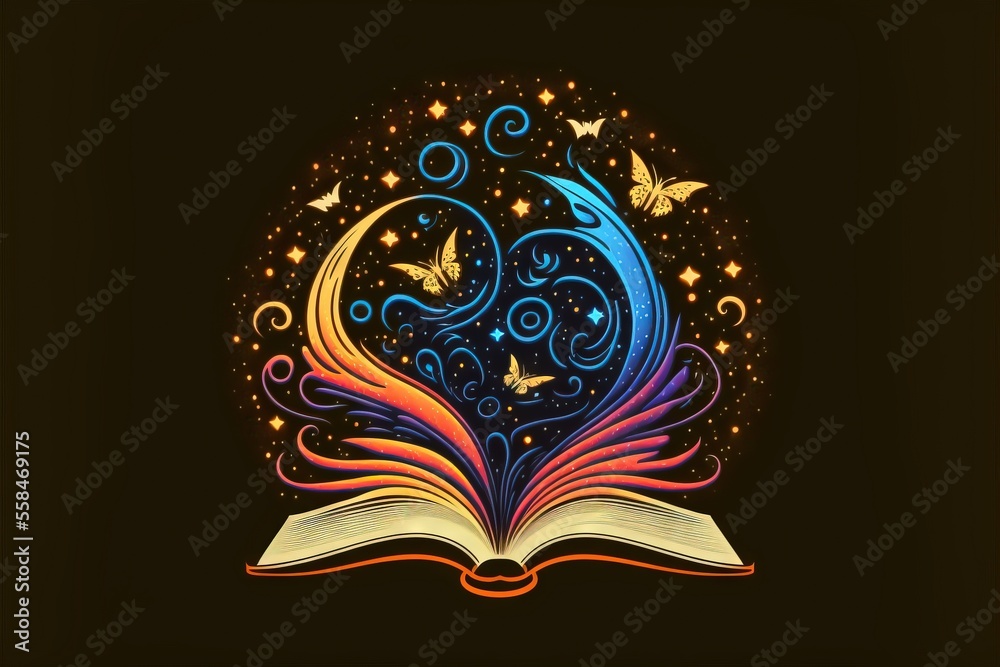 an open book with a swirly book cover and butterflies flying out of the ...