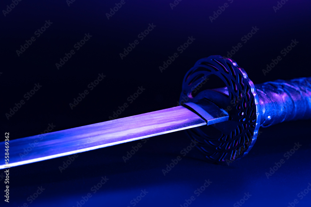 Katana, samurai sword weapon in neon light. Stock Photo | Adobe Stock