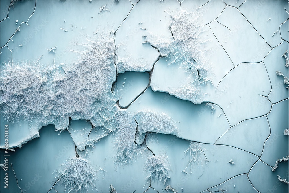 an abstract painting of ice and snow on a blue background with a black ...