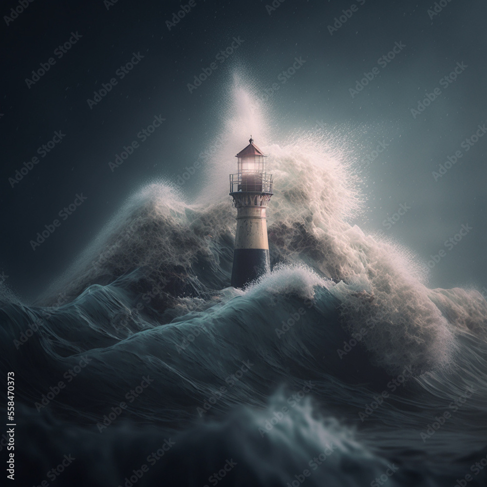 dynamic photo of waves crashing high upon a lighthouse, whitewater, sea ...