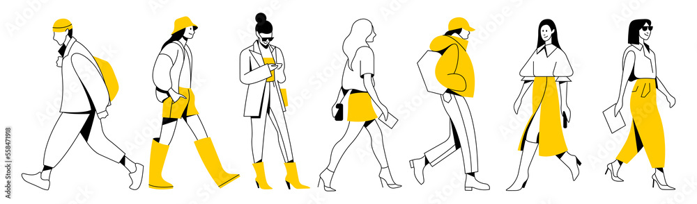 vector set. group of different minimalistic linear people with bright ...