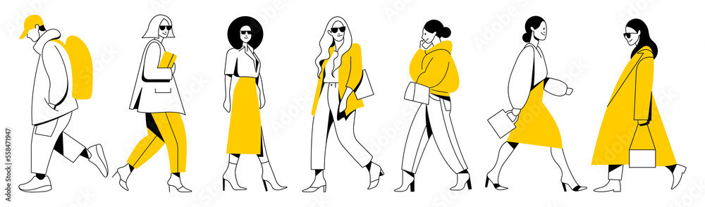 vector set. group of different minimalistic linear people with bright ...