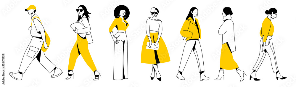 vector set. group of different minimalistic linear people with bright ...