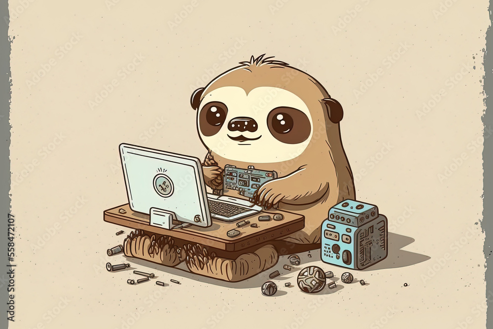 Cartoon symbol depicting a cute sloth working on a laptop. Conceptual ...