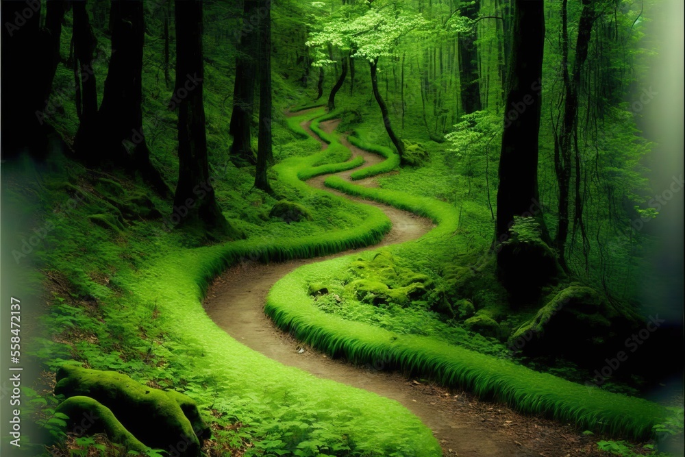 a green path in the middle of a lush green forest filled with trees and ...