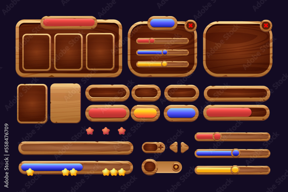 Game buttons of wooden and gold texture cartoon menu interface elements ...