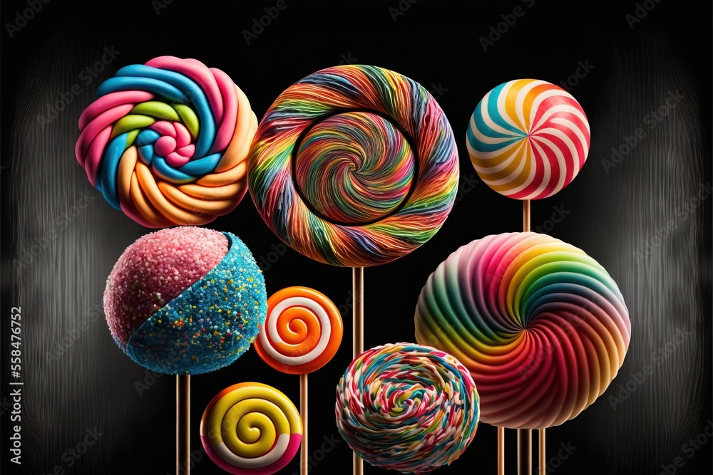 a group of lollipops sitting on top of each other on a black background ...