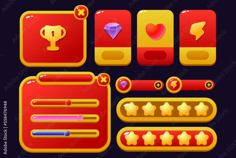 Set of game assets menu buttons popup screens and settings buttons red ...