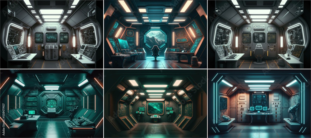 A laboratory in the interior of a spaceship and an empty podium for the ...