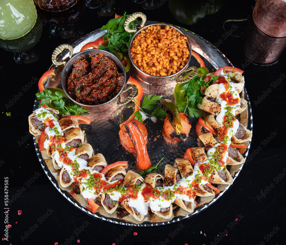 Traditional Turkish Cuisine Sarma Beyti Kebab. Turkish and Arabic ...