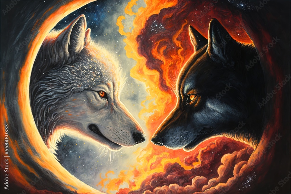 "Old Cherokee Story: An AI Generated Illustration of Two Wolves in Oil ...
