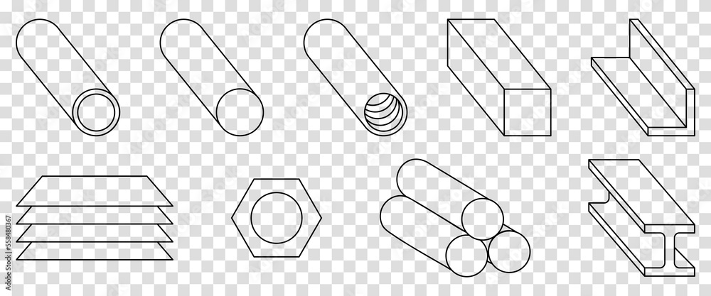 Metal products icons. Fabrication of metal raw materials, parts, linear ...