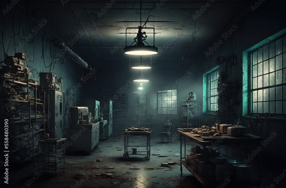 Dim light shining in a ghostly old hospital interior room with ...