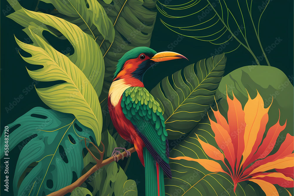 tropical leaves with bird of paradise, jungle, 2d flat digital ...