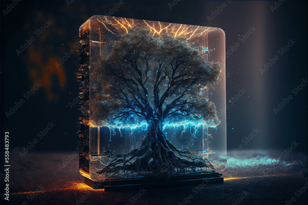 Digital growth and sustainability concept with tree and computer ...