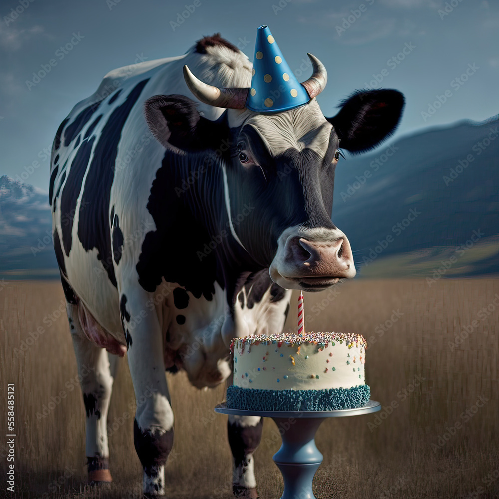 Cow with birthday's hat, happy birthday card, Generative AI Stock ...