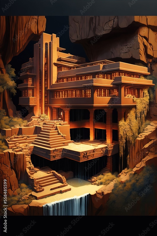 4K resolution or higher, terracotta styled fallingwater engulfed in ...