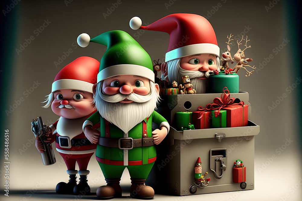 Santa Claus and his elf helpers are shown in a charming Christmas ...