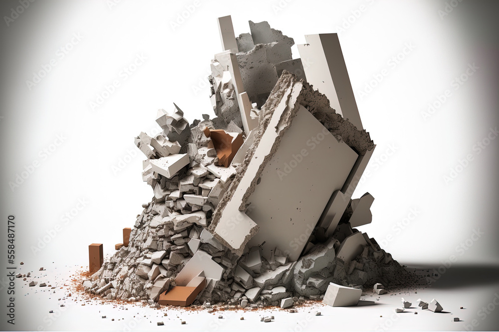 a demolished building's ruins isolated on a white backdrop. concrete ...