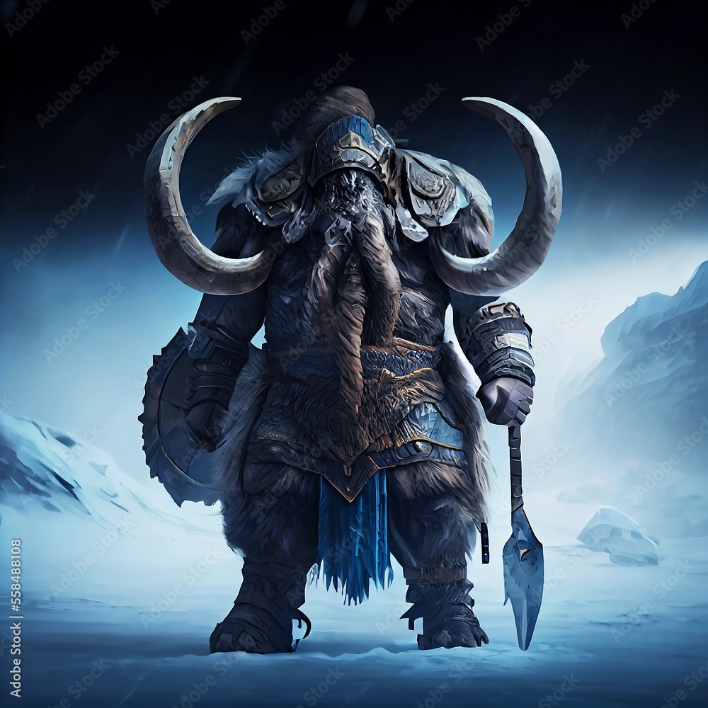 Guy with mammoth head standing on iceberg Stock Illustration | Adobe Stock