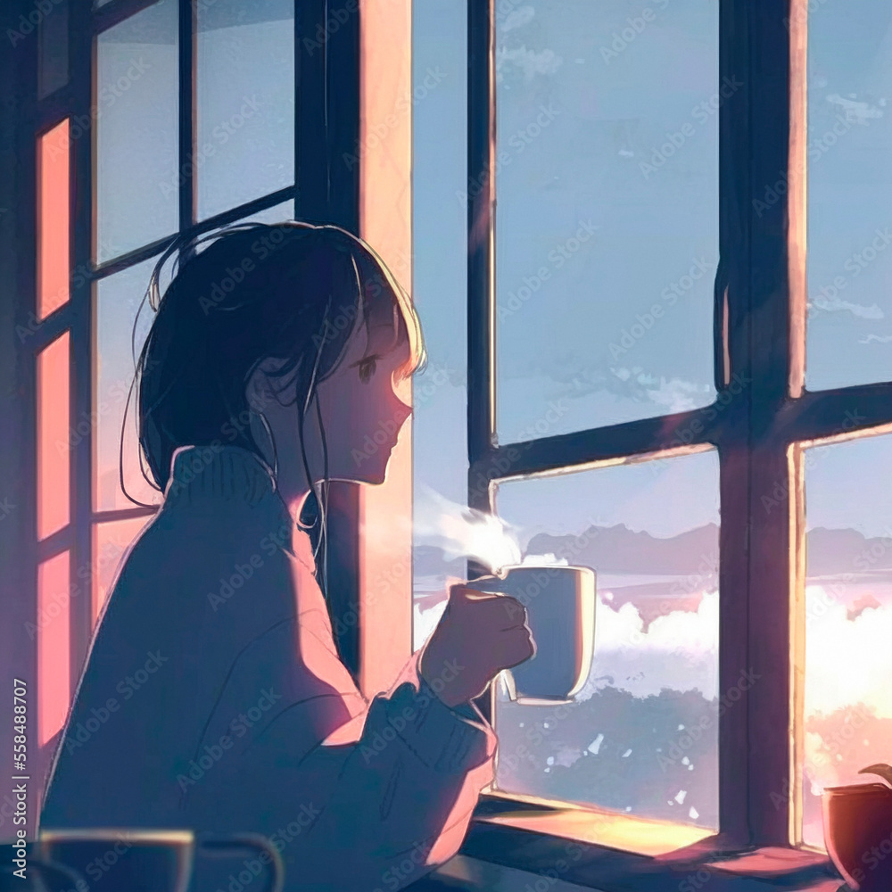 Girl with a cup of hot tea by the window in anime style. High quality ...