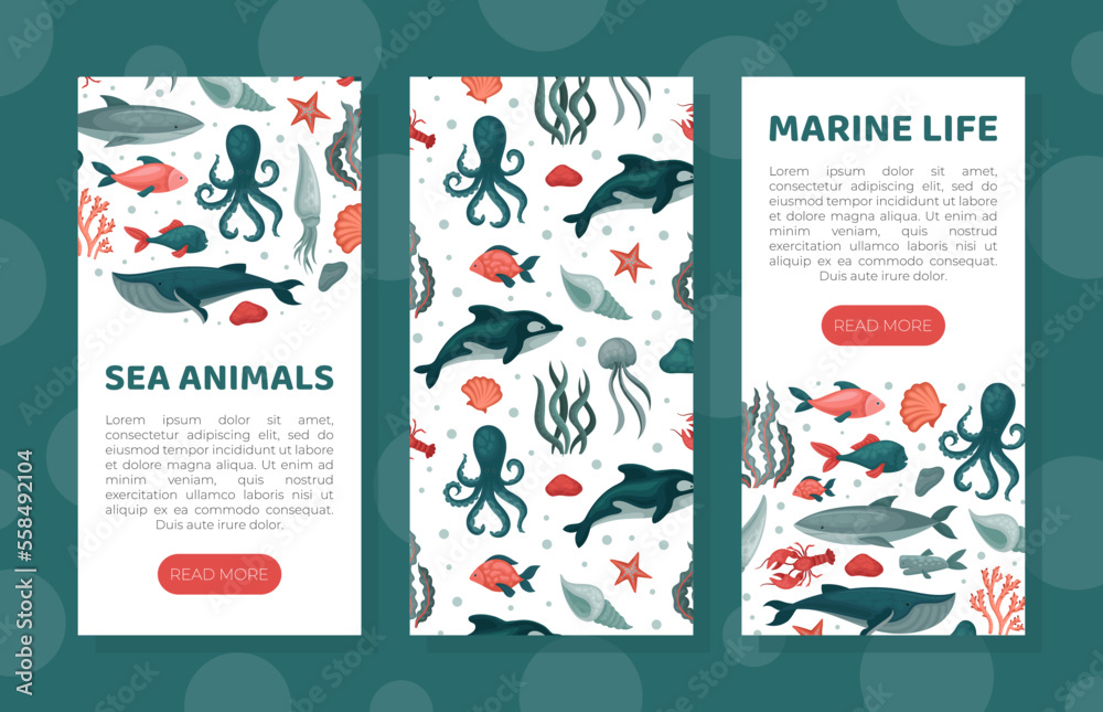 Sea animals wen banner templates set. Marine life, underwater sealife ...