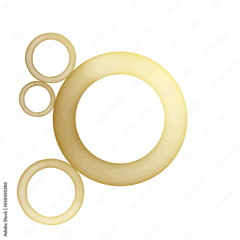 Golden abstract circle ring element, paint brush particle with small cirles around, isolated ...