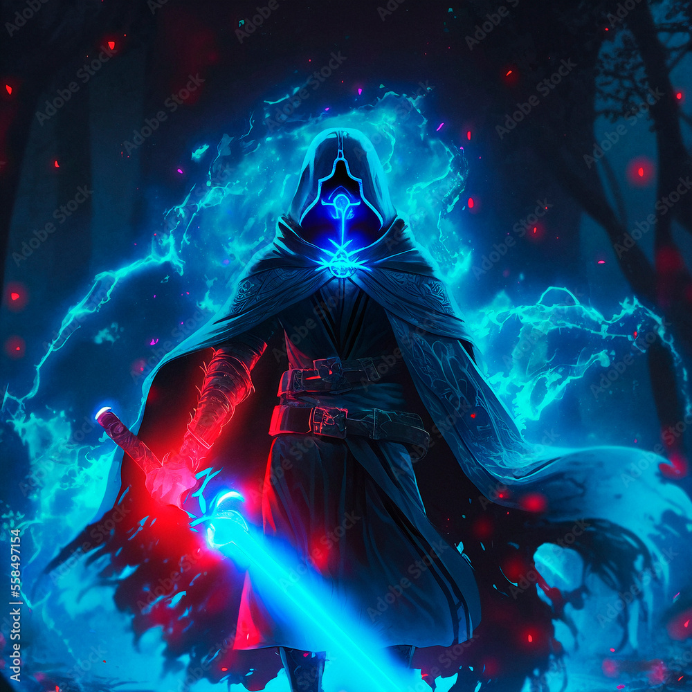 Mysterious black knight with a flaming sword in anime style. High ...