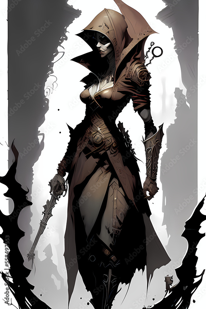 A fantasy board game card/colouring book page: Assassin. A hooded ...