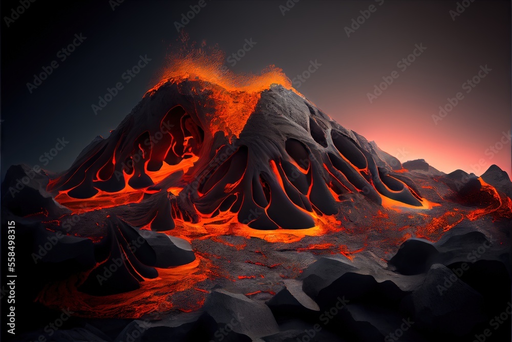Cooling lava after a volcanic eruption in black. AI generated art ...