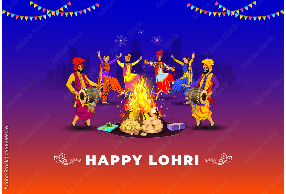 Happy Lohri holiday. Indian sikh hindu festival. Family dancing arround ...