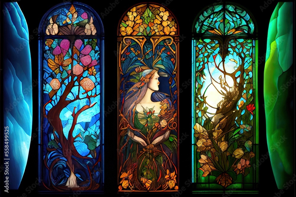 Luminous stained glass window. AI generated art illustration. Stock ...