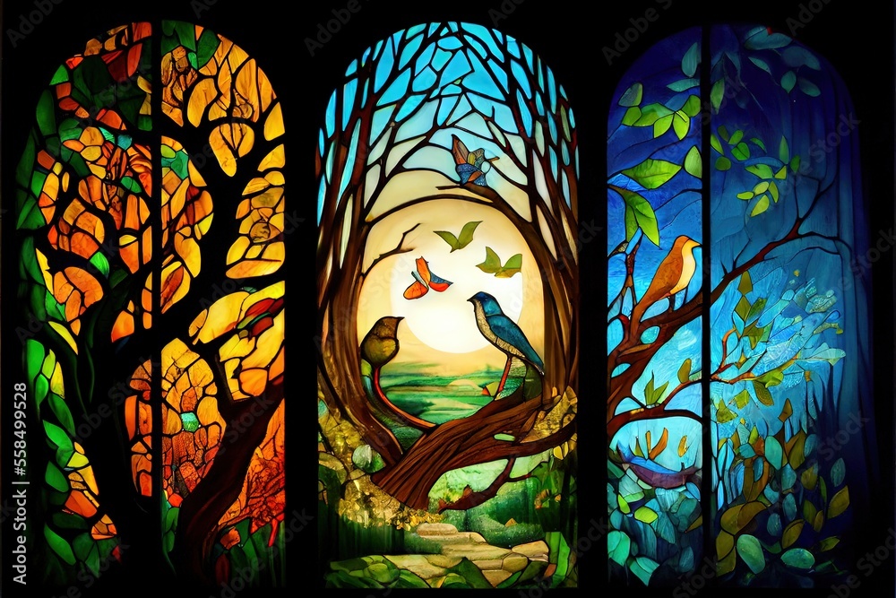 Luminous stained glass window. AI generated art illustration. Stock ...