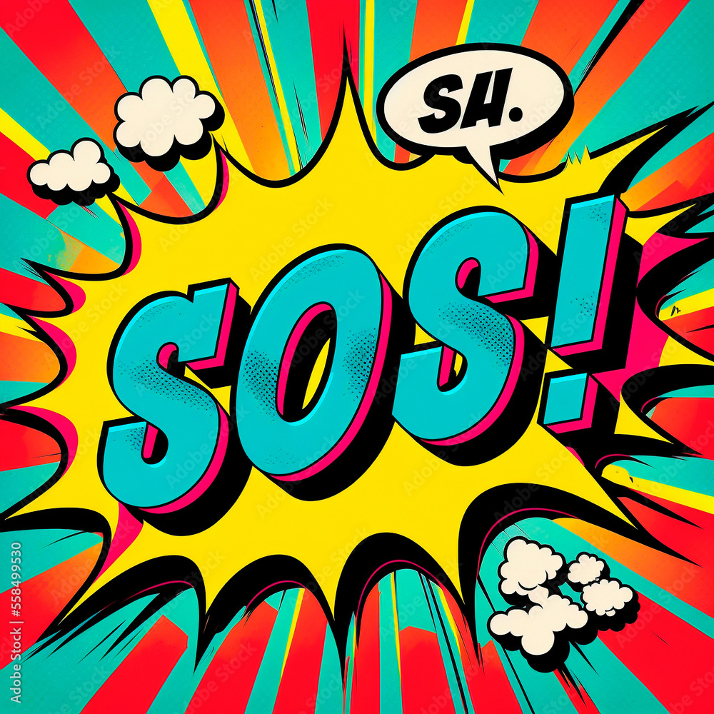 Cartoon sign of burst clouds with the word SOS. High quality ...