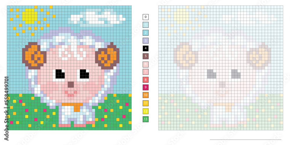vector pixel illustration, lamb in the summer meadow, coloring book ...