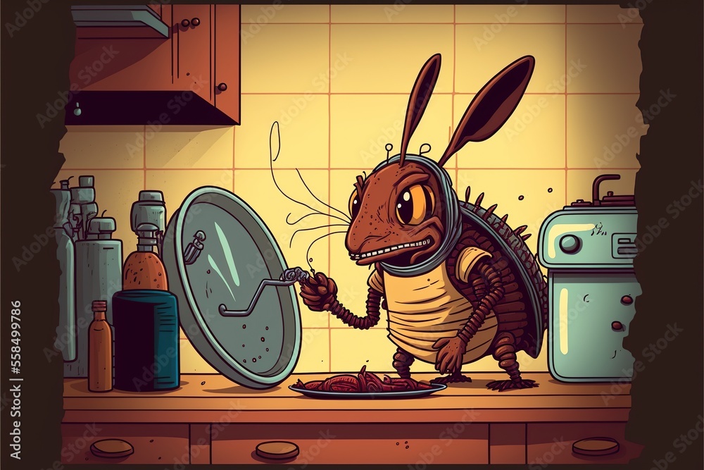 Fun cartoon cockroach washing dishes in the kitchen, created with ...