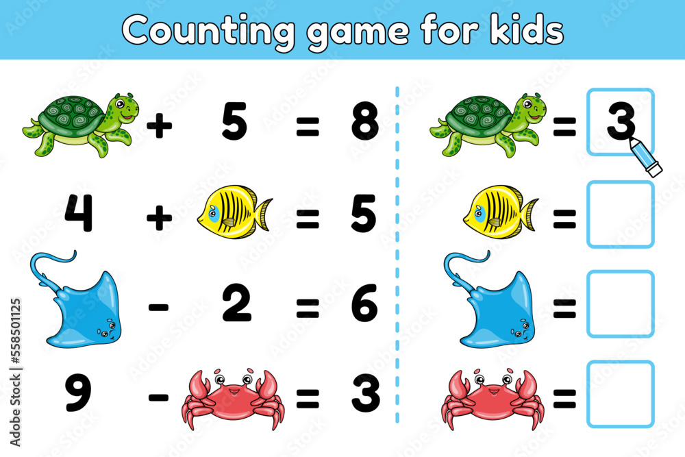 Educational counting game for kids. Mathematical puzzle with cartoon ...