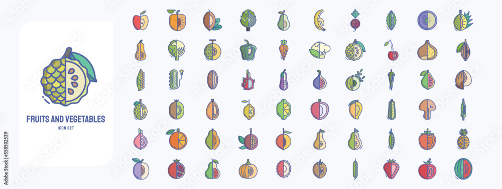 Fruits and vegetables vector icons. Fresh and natural ingredients Stock ...