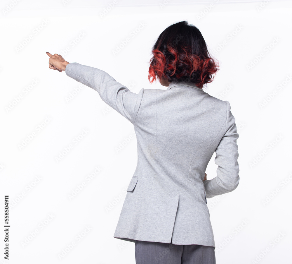 Half body Tanned skin Asian Indian woman points finger hand up to Sky ...