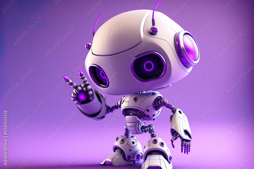 Cute robot on a purple backdrop with a pointing hand and a winking eye. technological idea ...