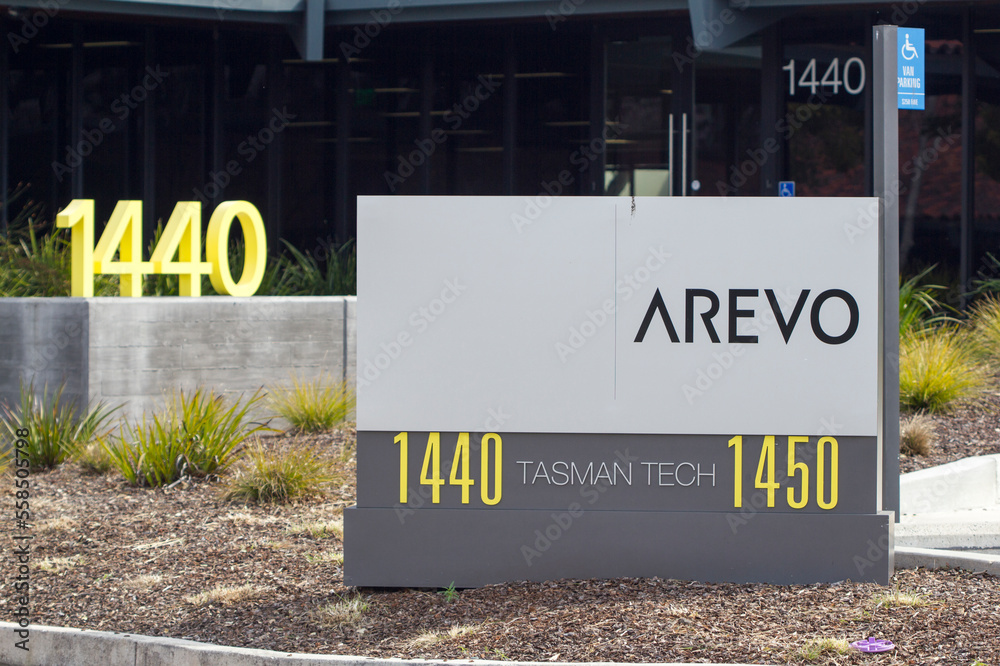 Milpitas, CA, USA - Feb 28, 2020: The entrance sign at Arevo ...