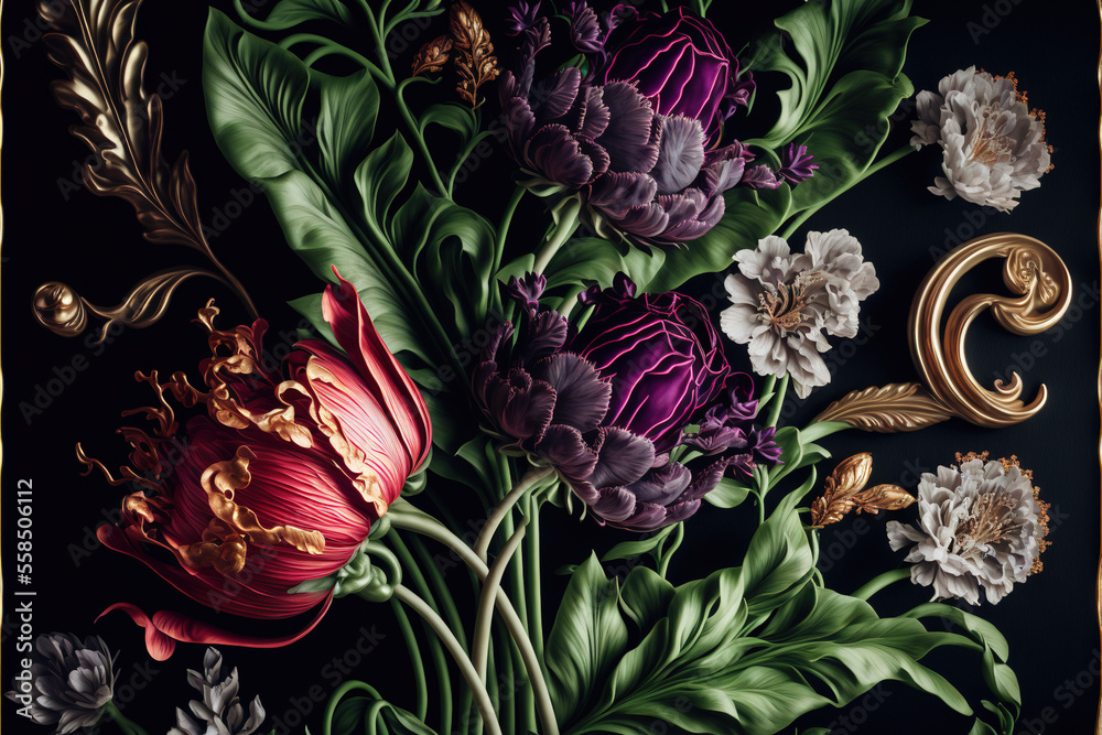 Baroque flowers in rich deep colors, tulips on dark background Stock ...