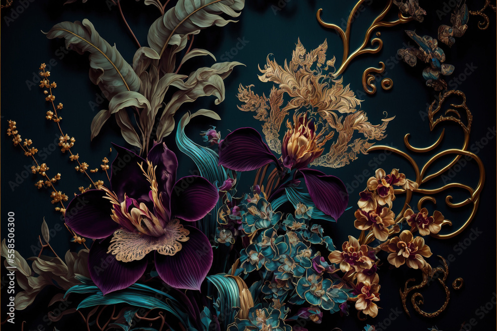 Baroque flowers in rich deep colors, orchids on dark background Stock ...