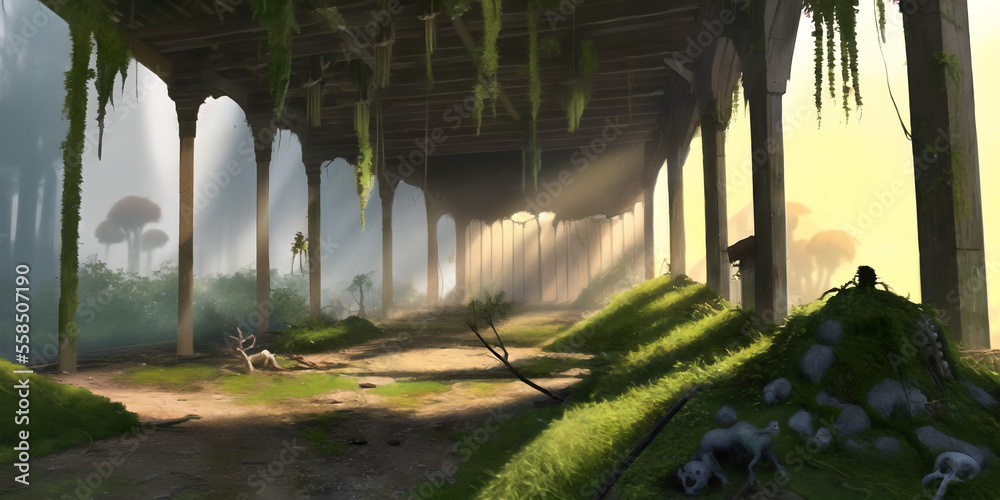 Urban landscape: an abandoned railway platform overgrown with moss, a ...