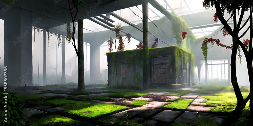 An anime style illustration of a moss-covered shed inside the frame of ...