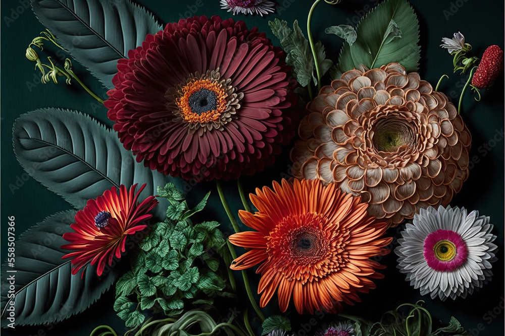 Baroque flowers in rich deep colors, gerbera daisy on dark background ...