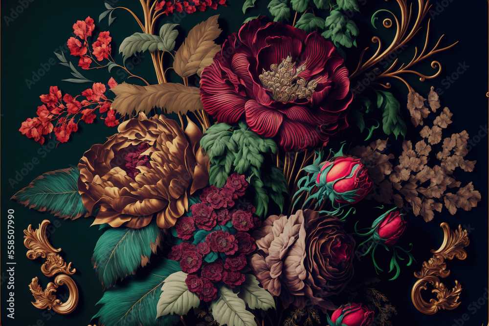 Baroque flowers in rich deep colors, red roses on dark background Stock ...